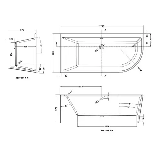 British Baths Loftus Left Hand Freestanding Corner Acrylic Bath 1700 x ...